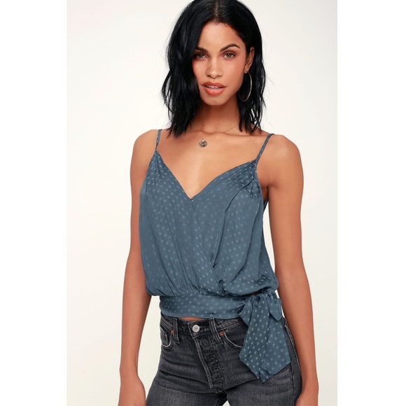 Lulus | Tops | Lulus Honey Punch Reese Slate Blue Polka Dot Satin Wrap ...